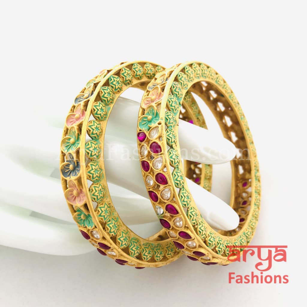Meenakari Designer Kundan Bangles with CZ Ruby Stones – AryaFashions