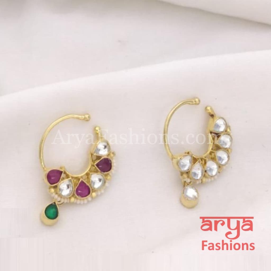 Round Nose Ring/ Kundan CZ non piercing nose ring/Kundan Bridal Nosepi ...