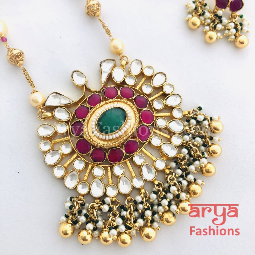 Long Kundan Necklace with Ruby and Emerald Beads work – AryaFashions